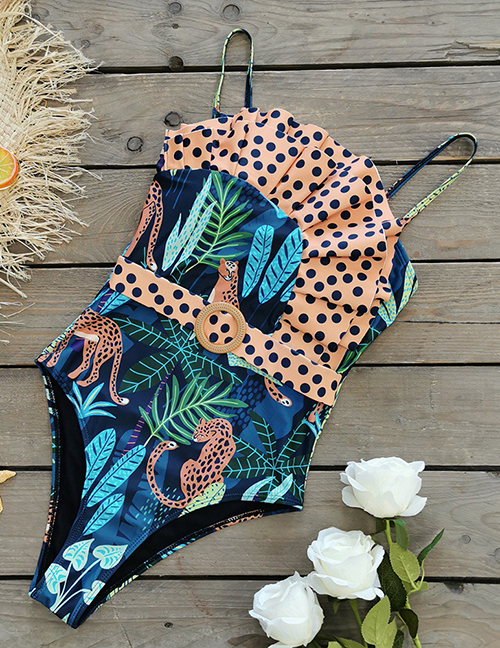 Fashion Green Leaf Leopard Polyester Print Belted One Piece Swimsuit ...