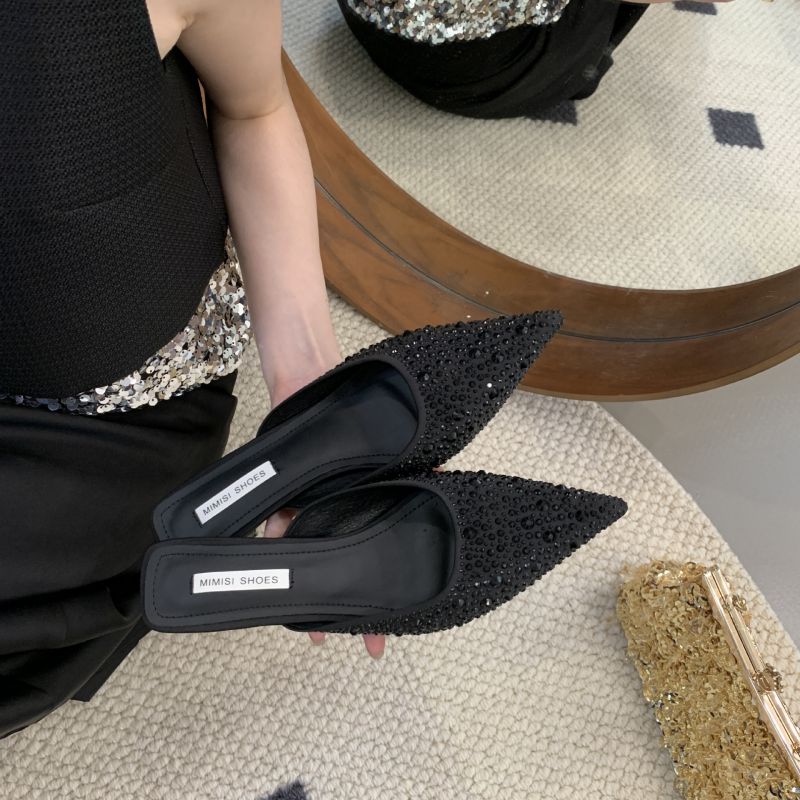 Fashion Black Rhinestone Pointed Toe High Heel Slippers :Asujewelry.com