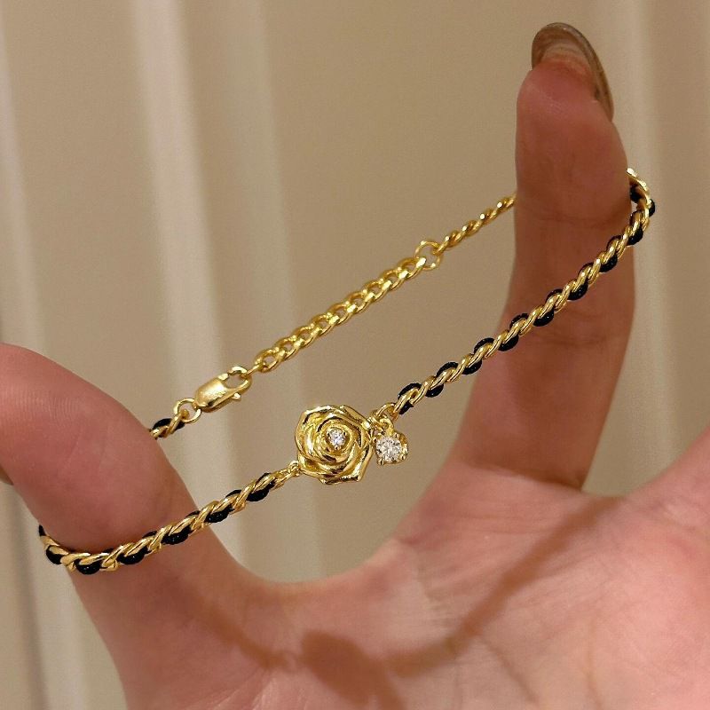 Black And Gold Braided Camellia Bracelet Copper Diamond Flower Bracelet ...