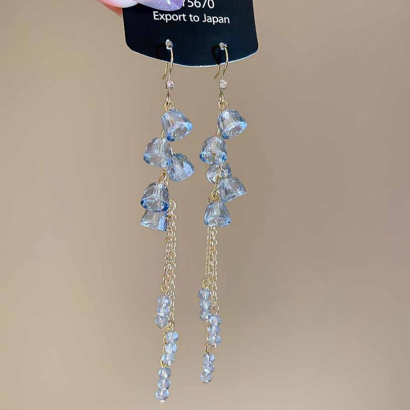 Ear Hooks-gold-blue Crystal Bud Flower Tassel Earrings :Asujewelry.com