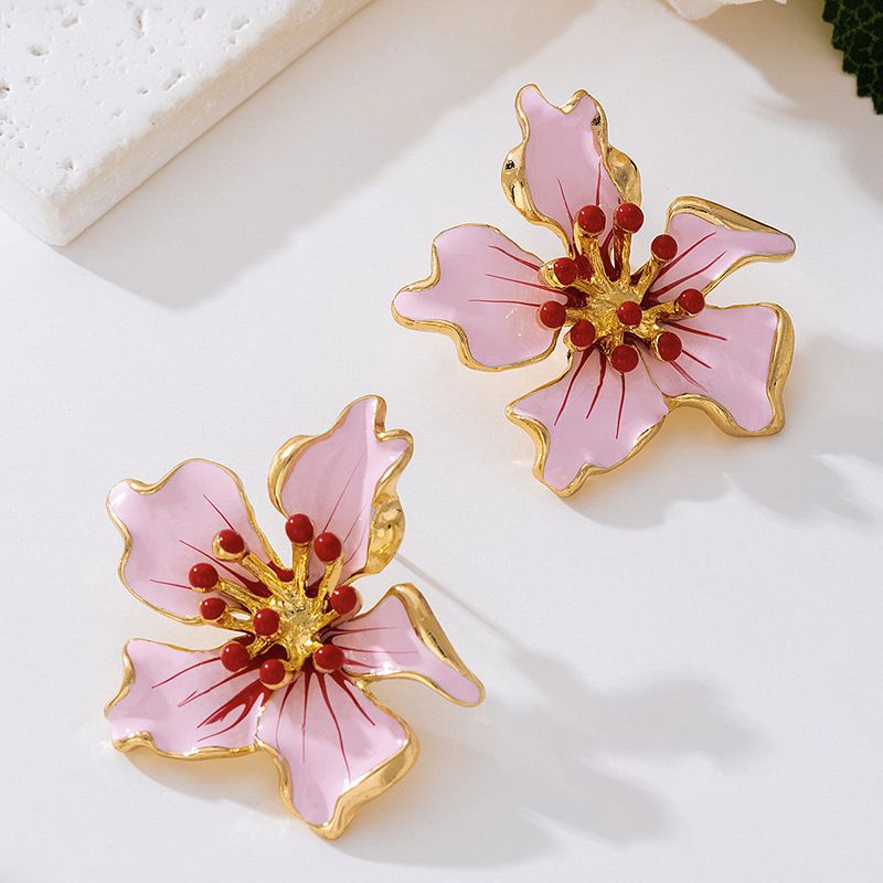 2# Pink Alloy Irregular Smudged Oil-dripped Flower Earrings :Asujewelry.com