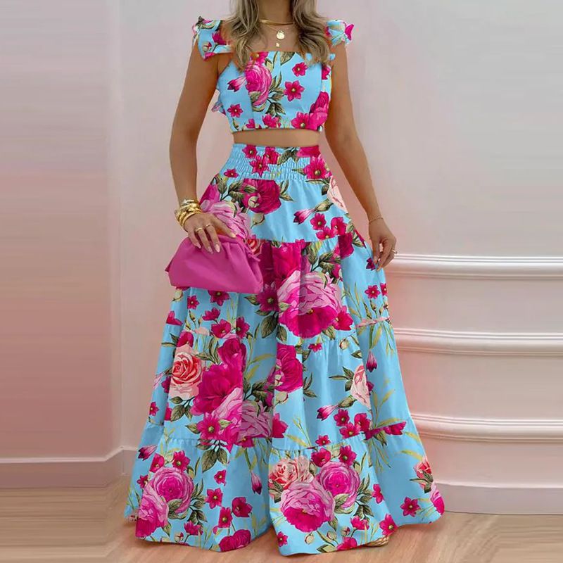 Pink Flowers On Blue Background Polyester Ruffled Sleeveless Vest Swing ...