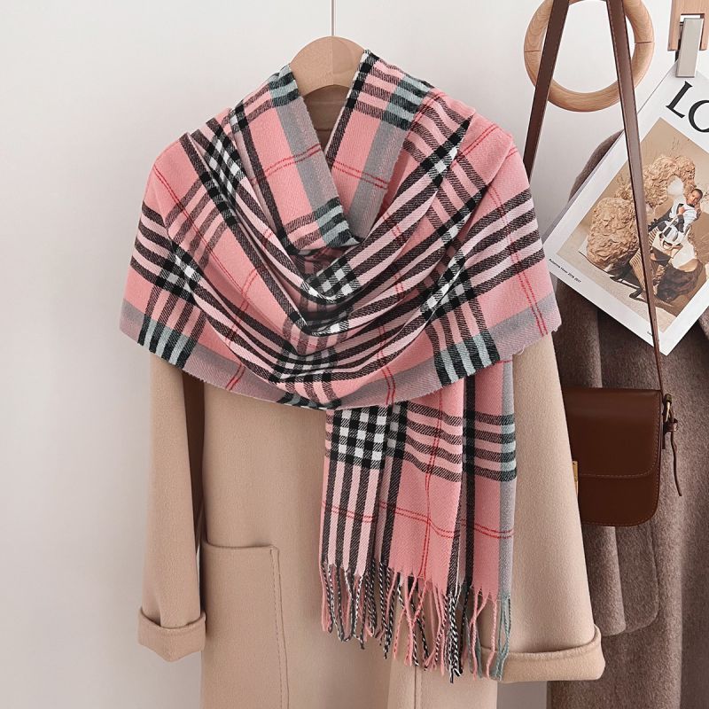 5# Raspberry Powder Faux Cashmere Check Fringed Scarf :Asujewelry.com