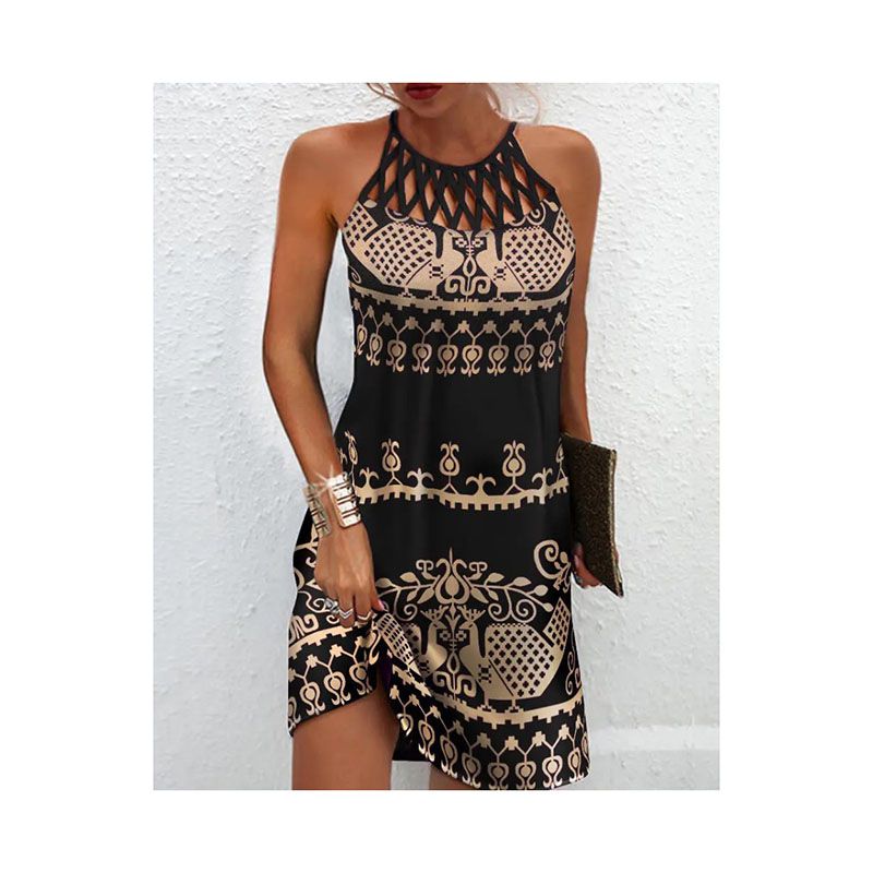 Black Vintage Print Printed Halterneck Mesh Strap Hollow Sleeveless ...
