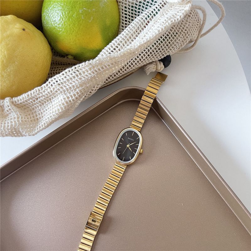 Gold Band Gold Frame Black Face Stainless Steel Oval Watch :Asujewelry.com