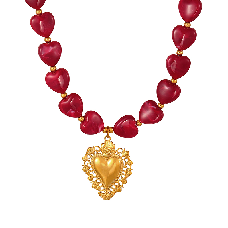 Red 1 Titanium Steel Heart-shaped Resin Beaded Necklace :Asujewelry.com