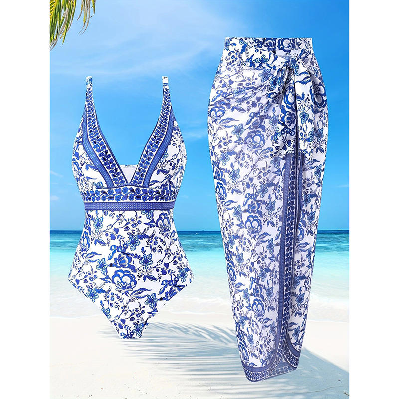 Blue Polyester Printed One-piece Swimsuit Beach Dress Set:Asujewelry.com