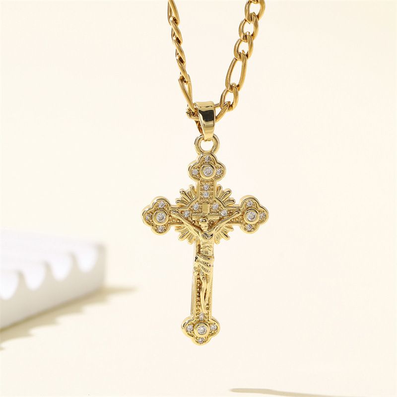 Gold Stainless Steel Diamond-encrusted Cross Necklace :Asujewelry.com
