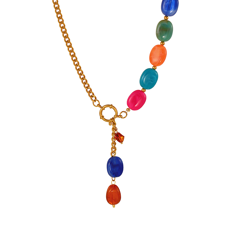 Color Resin Beaded Titanium Steel Ring Tassel Necklace :Asujewelry.com