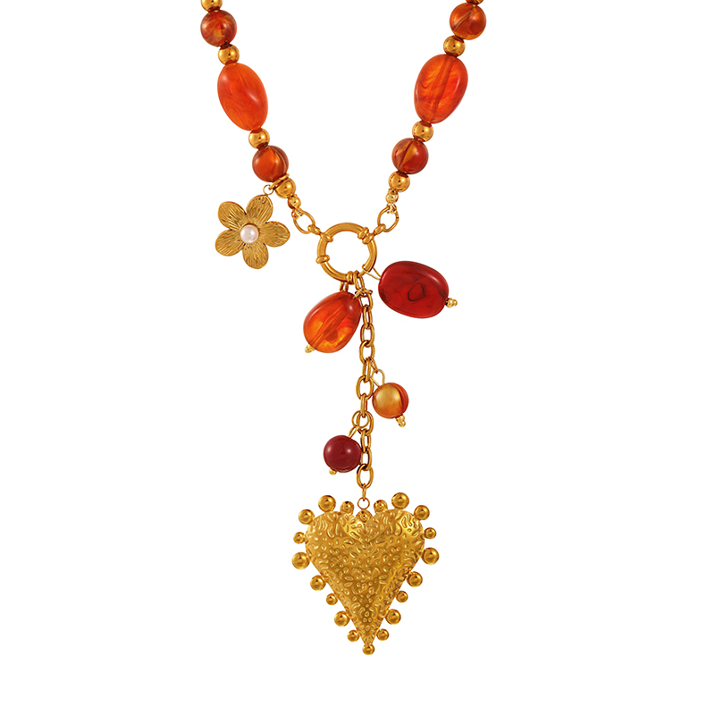 Gold Titanium Steel Heart-shaped Flower Tassel Beaded Ring Necklace ...