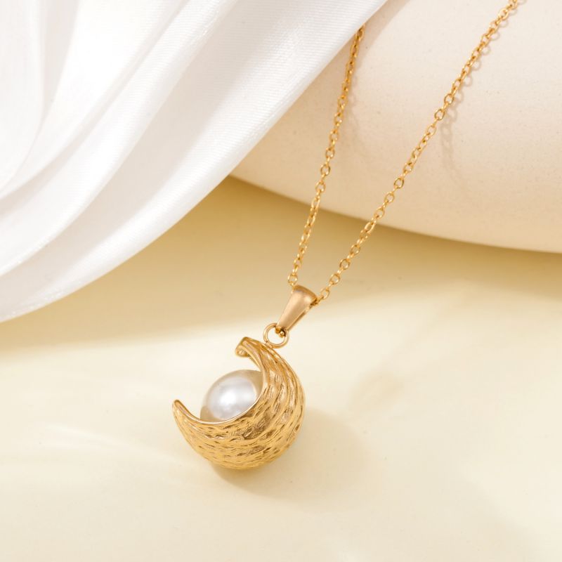 Gold Stainless Steel Irregular Pearl Necklace :Asujewelry.com