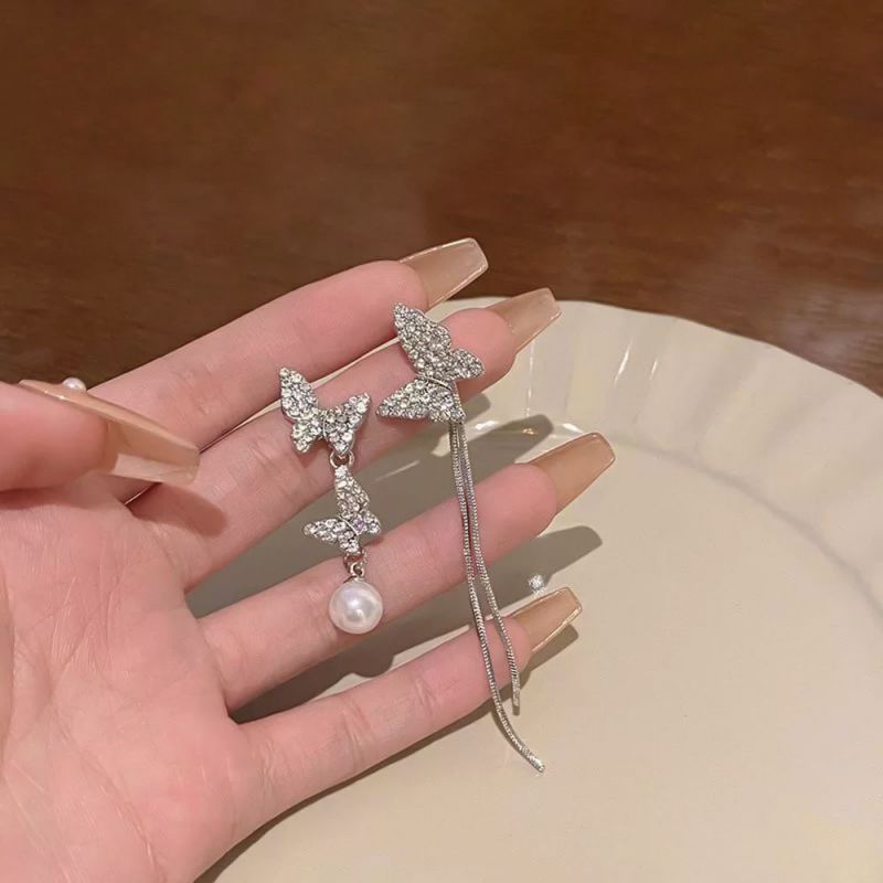 10# Asymmetrical Double Butterfly Pearl Zircon Butterfly Tassel Long ...
