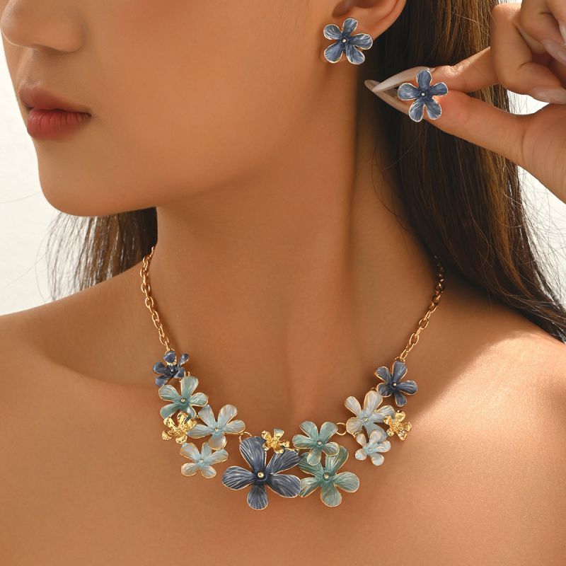 Blue Westerndopaminefloweroildripearringslongnecklaceset:Asujewelry.com