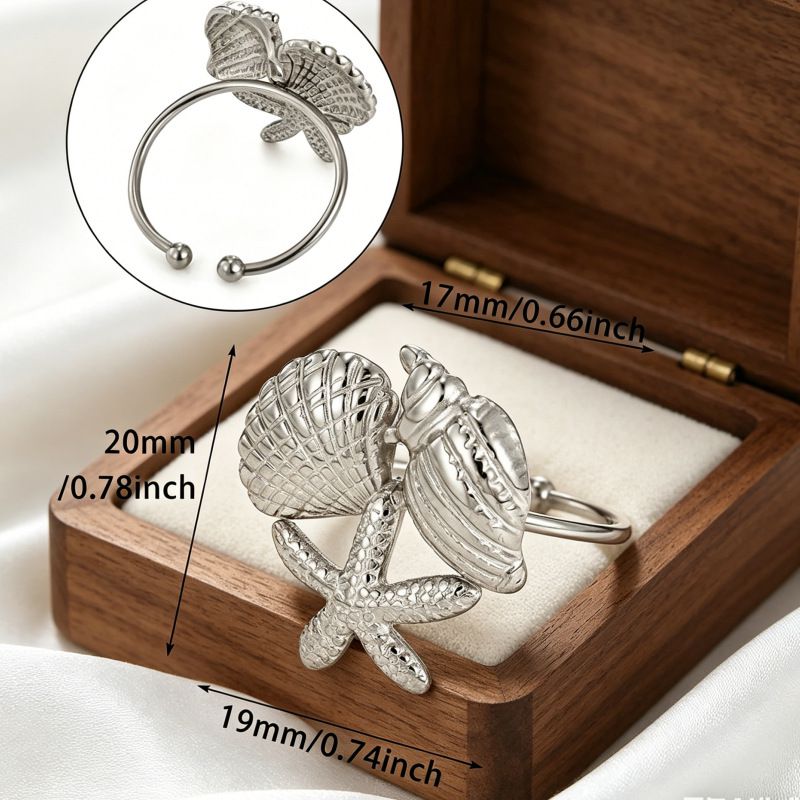 Ring 3 Starfish Shell Ring Stainless Steel High End Ocean Style Finger ...